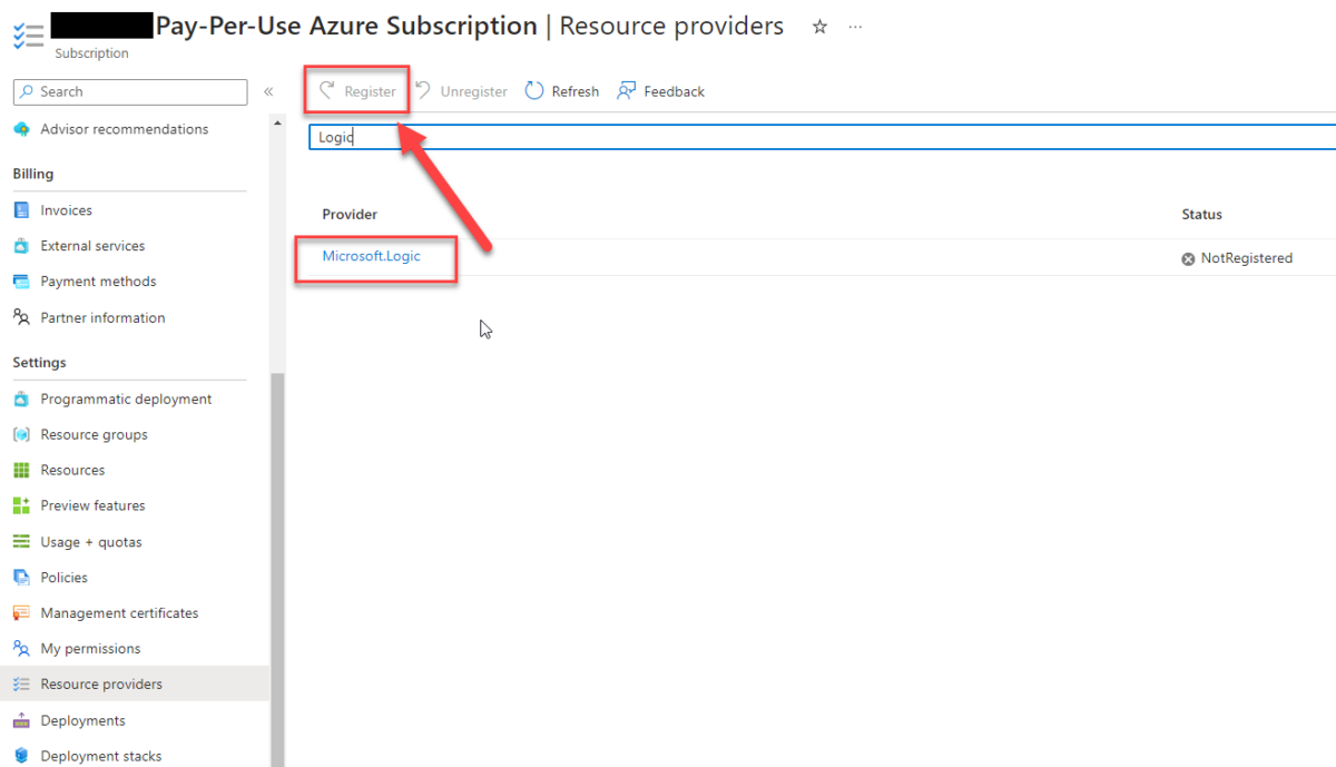 Visual Studio Logic App Consumption deployment: The subscription is not registered to use ...