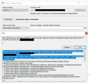 BizTalk WCF-SQL Adapter Error: Retrieval of Operation Metadata has failed while building WSDL at ...
